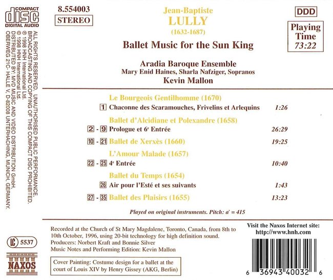 LULLY - BALLET MUSIC FOR THE SUN KING > ARADIA BAROQUE ENSEMBLE, KEVIN ...