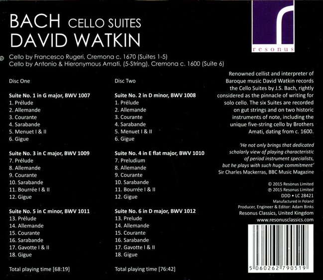 巴哈 : 無伴奏大提琴組曲全集 2CD／J.S. BACH : CELLO SUITES, BWV 1007-1012 > WATKIN ...