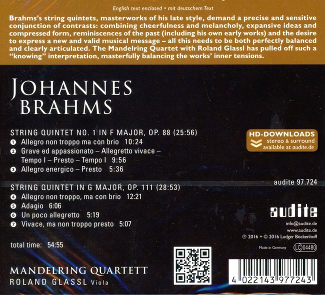 Johannes Brahms : Complete String Quintets／Mandelring Quartett, Roland Glassl > MANDELRING ...