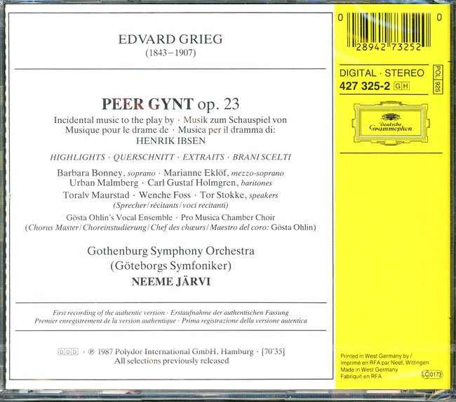 GRIEG : PEER GYNT - QUERSCHNITT／GOTHENBURG SYMPHONY ORCHESTRA, NEEME JARVI > JARVI, NEEME > 佳佳唱片行