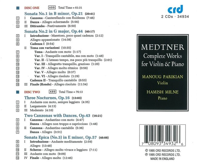 MEDTNER : Complete Works for Violin & PIano／MANOUG PARIKIAN, HAMISH ...