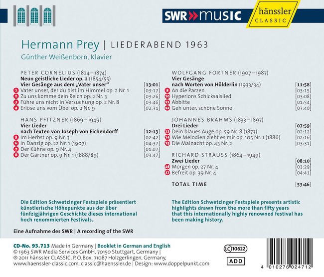 1963年史瓦辛格音樂節／HERMANN PREY／HERMANN PREY LIEDERABEND 1963 (CORNELIUS ...