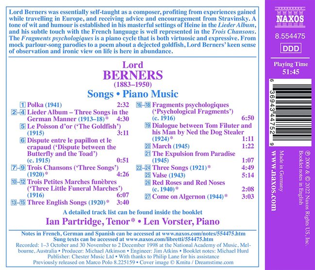 Lord Berners : Songs, Piano Music > Lan Partridge, Len Vorster > 佳佳唱片行