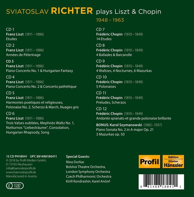 Sviatoslav Richter Plays Liszt & Chopin (12CD) > RICHTER, SVIATOSLAV > 佳佳唱片行